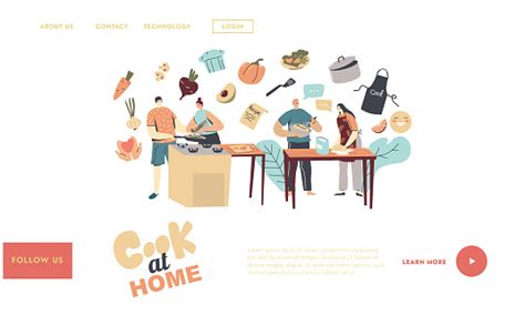 가족은 저녁 식사 방문 페이지 템플릿을 준비합니다 테이블에 신선한 제품과 부엌에서 요리 커플 문자 매일 일상 관계 낭만적 인 저녁 식사 선형 사람 벡터 일러스트레이션 가정