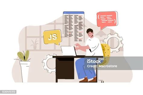 웹 개발자 개념입니다 디자이너는 사이트를 개발하고 코드를 작성하고 레이아웃 상황을 만듭니다 온라인 페이지 개발 사람들 장면 웹