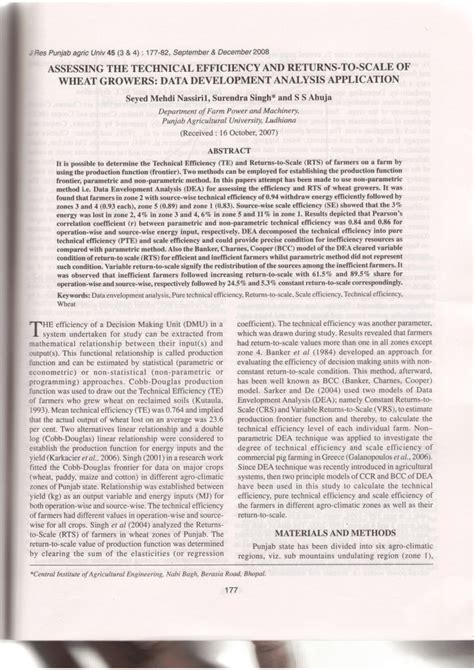 Pdf Assessing The Technical Efficiency And Returns To Scale Of Wheat