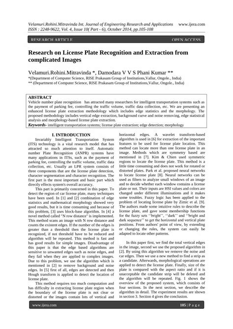 pdf research on license plate recognition and extraction from