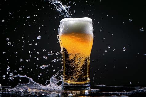 물방울 이 있는 검은 바탕 에 있는 유리잔 에서 맥주 가 어 나오고 있다 프리미엄 사진