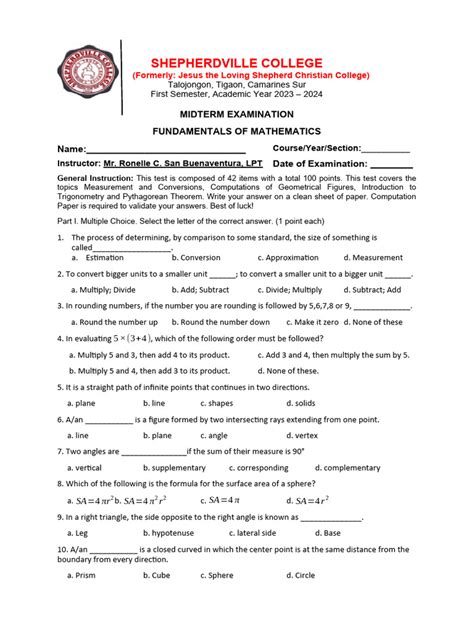 Fundamentals Of Mathematics Midterm Exam Pdf Area Geometry
