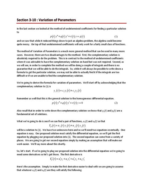 Section 3 10 Variation Of Parameters Pty Qty Rty Gt Pdf Ordinary