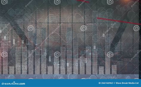 Animation Of Statistical Data Processing And Spots Of Light Floating Against View Of Cityscape