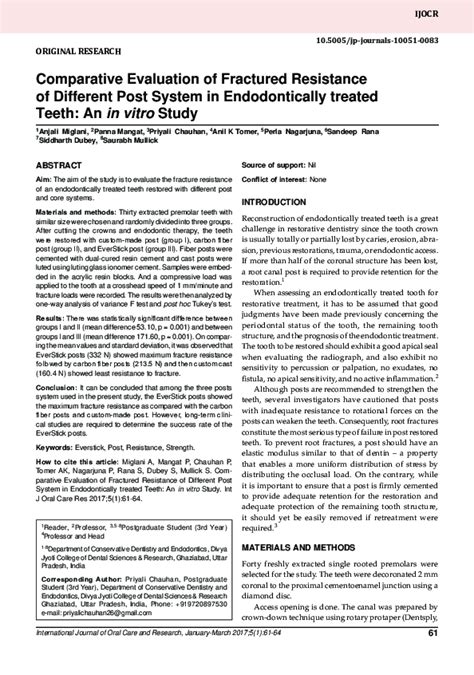 Pdf Comparative Evaluation Of Fractured Resistance Of Different Post System In Endodontically