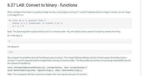 Solved In C Please 627 Lab Convert To Binary Function