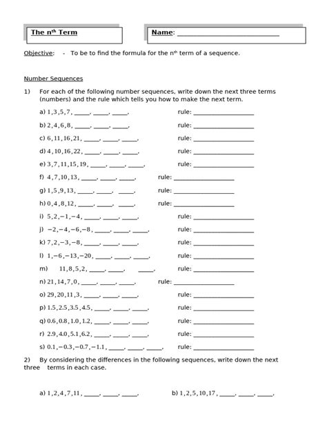The Nth Term Worksheet 1 Pdf Mathematical Objects Discrete