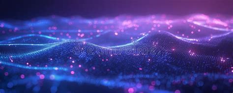 Mesmerizing Digital Landscape Of Glowing Nodes And Waves In Shades Of Blue And Purple Stock