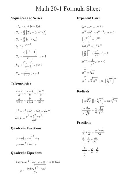 M20 1 Formula Sheet Pdf Mathematics Equations