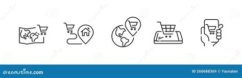 Set Of Online Shopping Icons Shopping Cart On Map Pointer And Smartphone Pixel Perfect