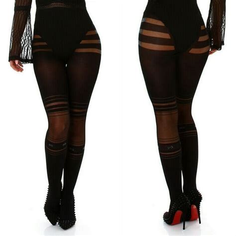 Sexy Womens Black Opaque Tights With Striped Pattern Size Sm Ebay
