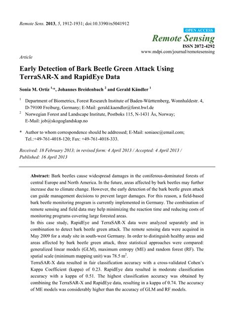 Pdf Early Detection Of Bark Beetle Green Attack Using Terrasar X And Rapideye Data
