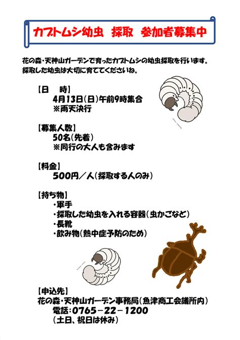 【公式】魚津市観光協会 ｜ うおっ！な魚津旅情報＠北陸・魚津 イベント＆ニュース／（終了）カブトムシ幼虫採取の参加者募集！（4月13日開催／花の森・天神山ガーデン）