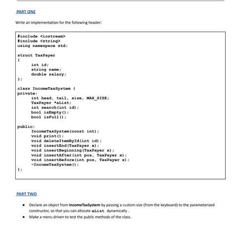 Solved Part One Write An Implementation For The Following