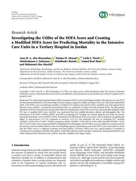 Pdf Investigating The Utility Of The Sofa Score And Creating A