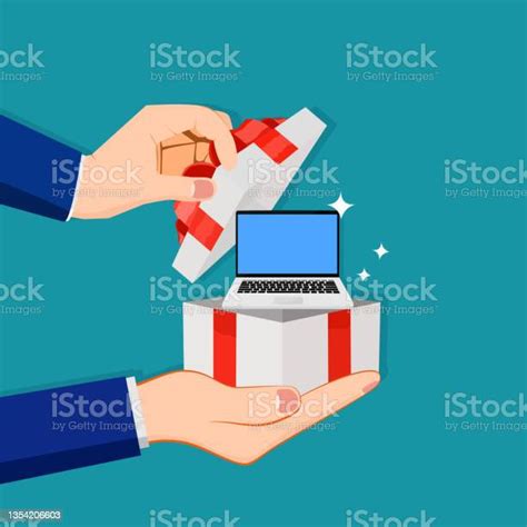 한 사업가가 노트북으로 선물 상자를 엽니다 기술 및 커뮤니케이션 개념 개념에 대한 스톡 벡터 아트 및 기타 이미지 개념 건강관리와 의술 고객 Istock