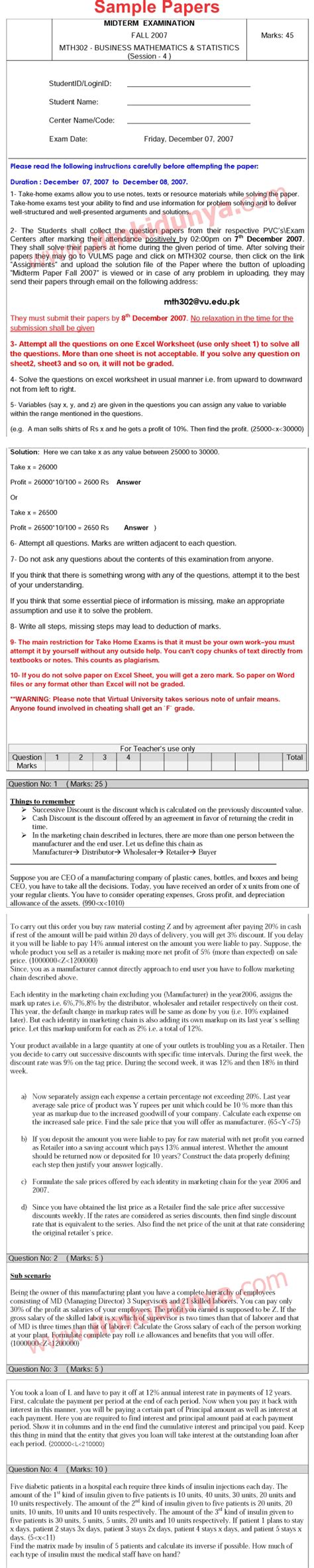 Mth302 Business Mathematics And Statistics Master Of Accounting Vu University Past