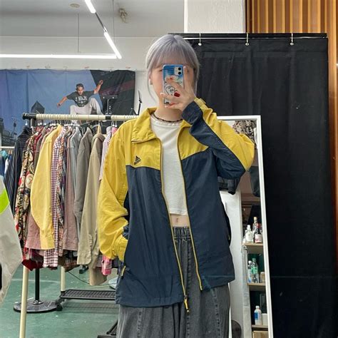 아디다스 네이비 겨자 옐로우 사선 바람막이 M 헬로마켓