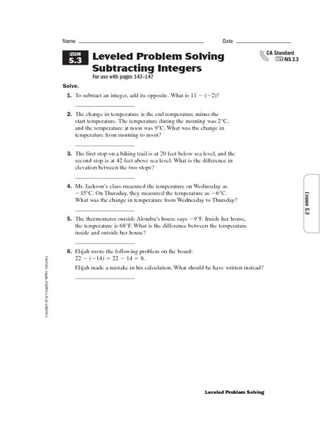 Leveled Problem Solving Subtracting Integers Worksheet For 6th Grade Lesson Planet