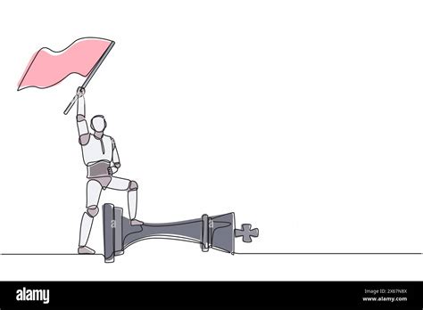 Single Continuous Line Drawing Robots Holding Flag And Defeat Chess King Modern Robotics
