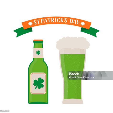 유리와 녹색 맥주 한 병이 흰색으로 분리되어 있습니다 성 패트릭 의 날 플랫 벡터 아이콘입니다 양조장 로고 디자인 포스터 배너 전단지 티셔츠 바 또는 펍 메뉴 등을위한