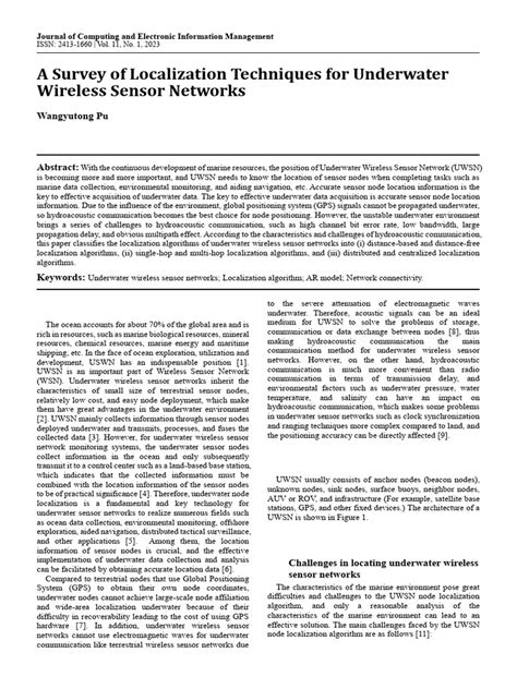 A Survey Of Localization Techniques For Underwater Wireless Sensor Networks Pdf Computer