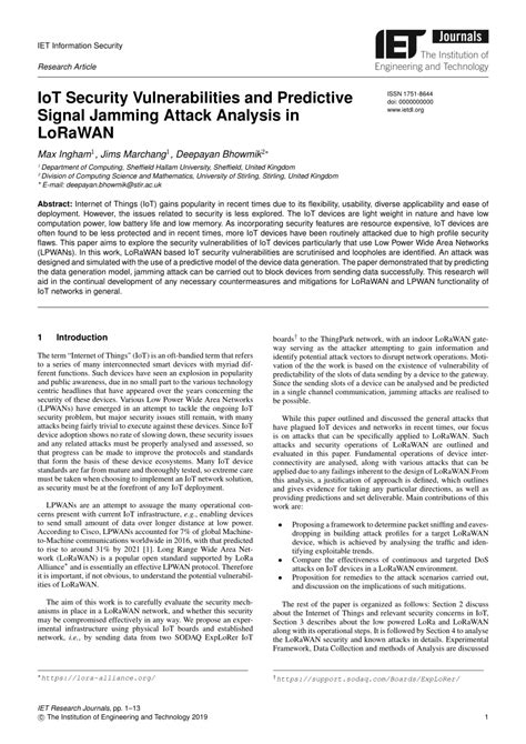 Pdf Iot Security Vulnerabilities And Predictive Signal Jamming Attack Analysis In Lorawan