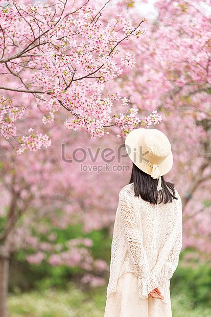 봄 벚꽃 나무 아래 소녀의 뒷모습 사진 무료 다운로드 Lovepik