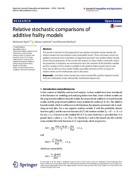 Pdf Stochastic Comparisons Of Frailty Models