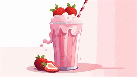 맛있는 딸기 밀크 이크 2d 평면 만화 터 일러스트레이션 프리미엄 Ai 생성 벡터