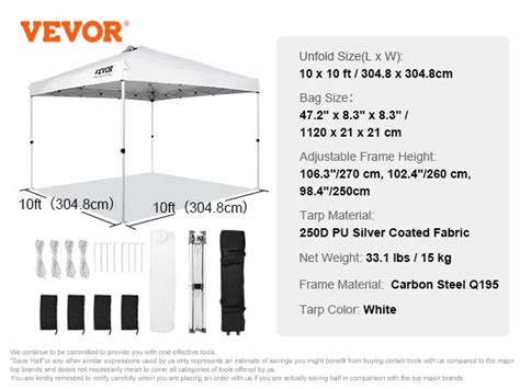Vevor Pop Up Canopy Tent 10 X 10 Ft 250 D Pu Silver Coated Tarp With