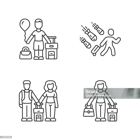 난민 선형 아이콘 설정 커플 아이가 여행 가방을 가지고 해외 여행 관광객 여행자 가족 여행 이민자 아이 가는 선 윤곽심 격리된 벡터 개요 그림입니다 편집 가능한 스트로크