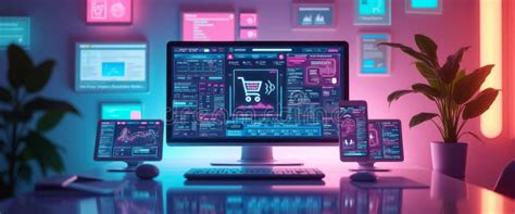 Futuristic Digital Workspace With Vibrant Screens And Devices Stock