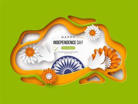 인도 독립 기념일 배너입니다 인도 국기의 전통적인 삼색에 꽃이 있는 3d 바퀴 종이 컷 스타일 흰색 배경 벡터 일러스트 레이 션입니다 무료 벡터