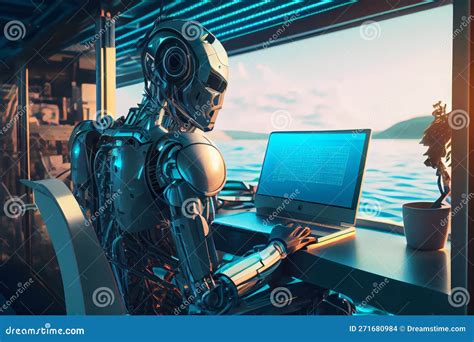 Generative Ai Humanoid Robot Working On A Laptop In A Shipyard Stock Illustration Illustration