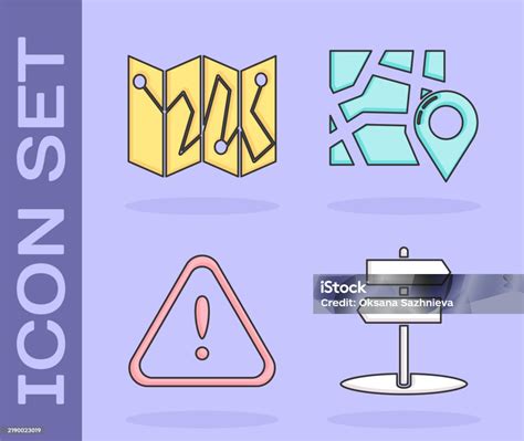 도로 교통 표지판 위치 마커가 있는 접힌 지도 삼각형의 느낌표 및 위치 마커 아이콘이 있는 접힌 지도를 설정합니다 벡터 0명에 대한 스톡 벡터 아트 및 기타 이미지 Istock