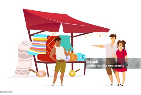 커플 선택 페르시아 카펫 플랫 컬러 벡터 얼굴없는 캐릭터 이스탄불 시장 흰색 배경에 수제 사루크 양탄자 고립 만화 일러스트를