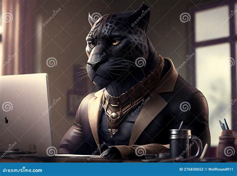 Portrait Of An Anthropomorphic Black Panther As A Developer In The Office Generate Ai Stock