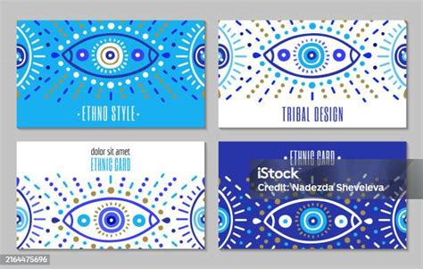 터키 악한 눈 상징 패턴의 명함 세트 민족 스타일 황금색 디테일이 있는 부패 표지판으로부터 그리스 보호 Eps 10 벡터 0명에