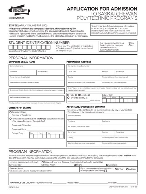 Fillable Online Application For Admission To Saskatchewan Saskpolytech