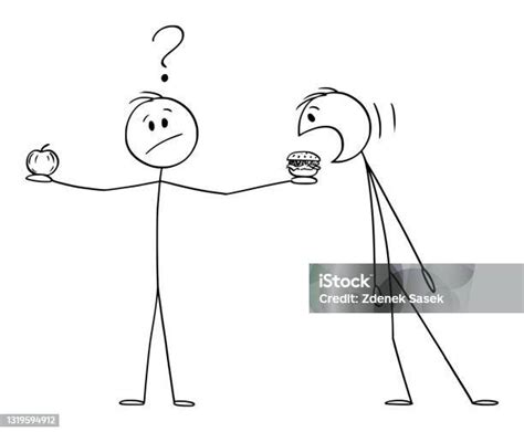 건강한 식생활과 라이프스타일에 대해 생각하고 사과 과일과 햄버거 햄버거를 들고 있는 사람 벡터 만화 스틱 그림 일러스트레이션 가공의 인물에 대한 스톡 벡터 아트 및 기타