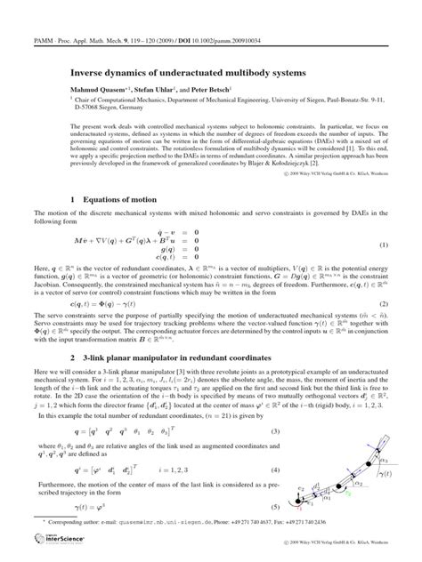 Proc Appl Math And Mech 2010 Quasem Inverse Dynamics Of Underactuated Multibody Systems