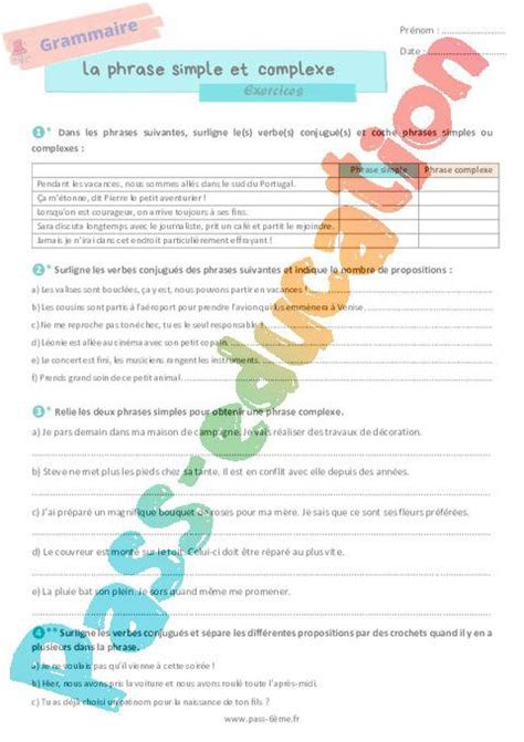 La Phrase Simple Et La Phrase Complexe Exercices De Grammaire Pour La