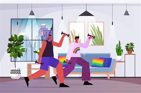 게이 커플 스트레칭 운동 Lgbt 퍼레이드 프라이드 축제 트랜스 젠더 사랑 개념 거실 인테리어 Film Festival에 대한 스톡 벡터 아트 및 기타 이미지 Istock