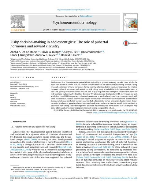 Pdf Risky Decision Making In Adolescent Girls The Role Of Pubertal