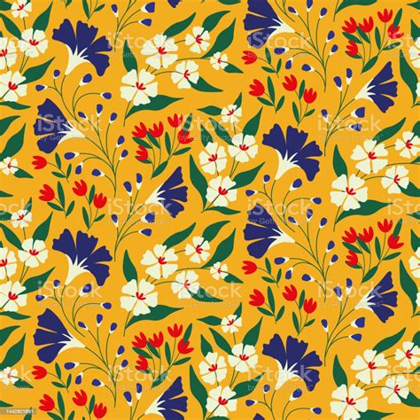 장식 예술 식물학 귀여운 꽃 프린트 작은 야생화의 추상적 배열 노란색 배경에 나뭇잎이 있는 매끄러운 꽃 패턴 벡터 0명에 대한 스톡 벡터 아트 및 기타 이미지 Istock