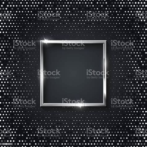 하프톤 배경에 그림을 위한 실버 스퀘어 프레임 사진 그림 카드 또는 사진을 위한 빈 공간입니다 3d 사실적인 현대 템플릿 벡터 일러스트레이션 벽에 간단한 크롬 개체 벡터에