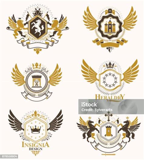 벡터 고급 문장 학 팔의 외 투입니다 컬렉션의 Blazons 빈티지 디자인 양식에 일치 시키는 그래픽 요소 로얄 크라운 및 플래그 별 타워를 사용 하 여 만든 병기 종교
