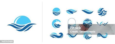 웨이브 로고 벡터 세트입니다 물 아이콘 템플릿입니다 추상적인 바다 바다가 원을 그리며 솟아오른다 자연 블루 액체 컨셉 디자인 파도에 대한 스톡 벡터 아트 및 기타 이미지