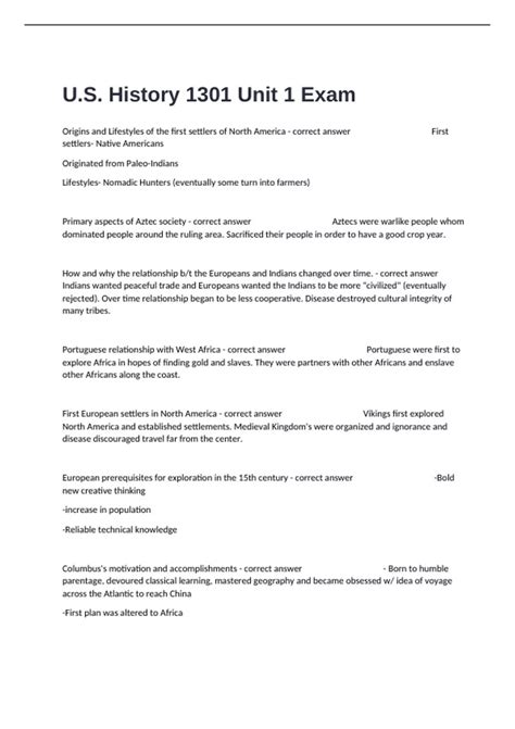 Us History 1301 Unit 1 Exam Practice Questions With Complete Answers